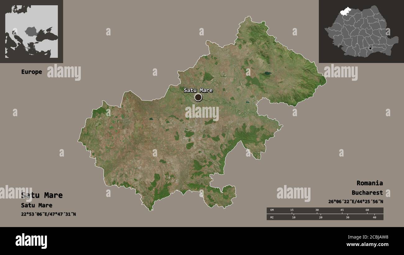 Shape of Satu Mare, county of Romania, and its capital. Distance scale ...