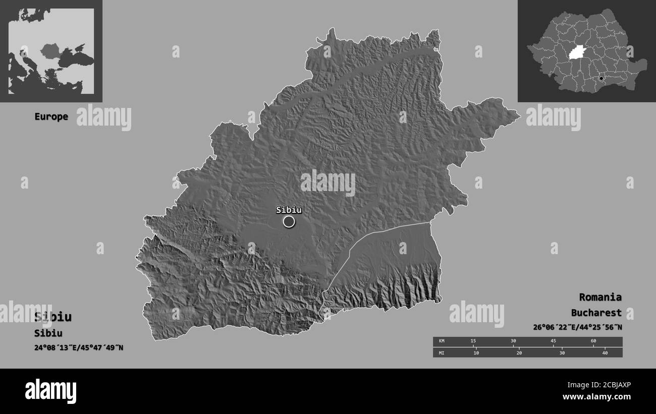 Shape of Sibiu, county of Romania, and its capital. Distance scale ...