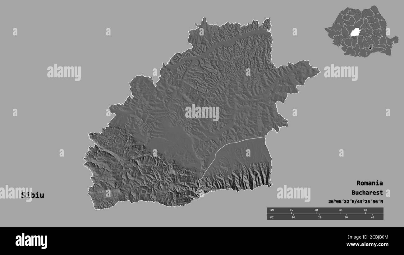 Shape of Sibiu, county of Romania, with its capital isolated on solid ...