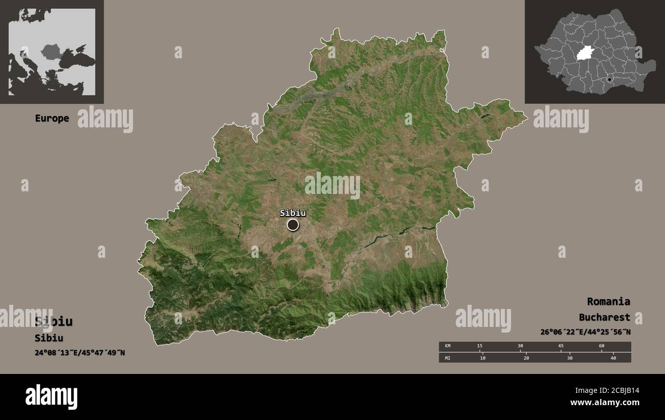 Shape of Sibiu, county of Romania, and its capital. Distance scale ...