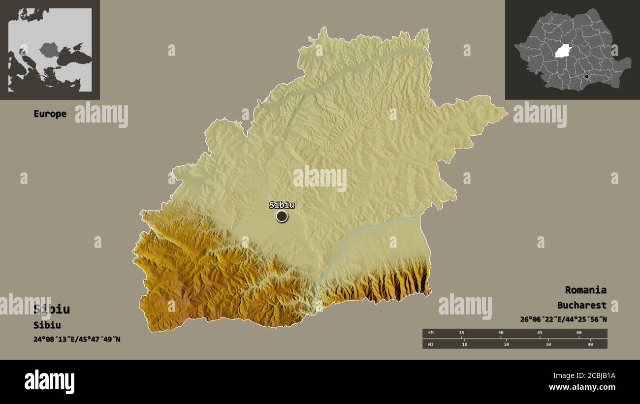 Shape of Sibiu, county of Romania, and its capital. Distance scale ...