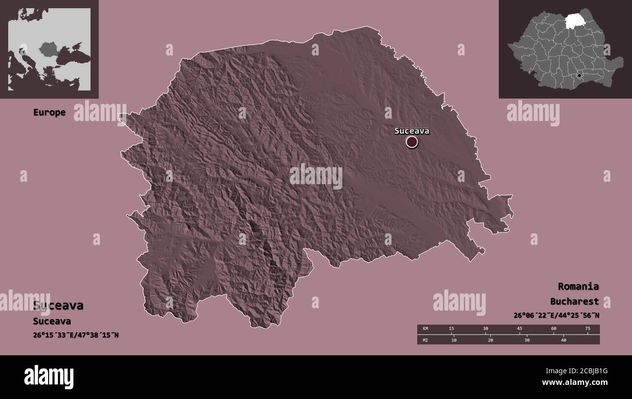 Shape of Suceava, county of Romania, and its capital. Distance scale ...