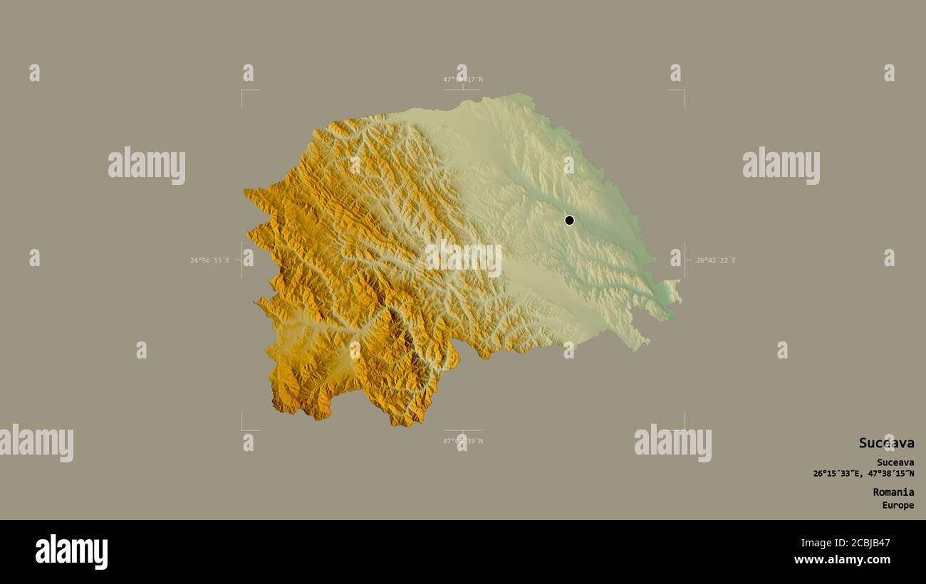 Area of Suceava, county of Romania, isolated on a solid background in a ...