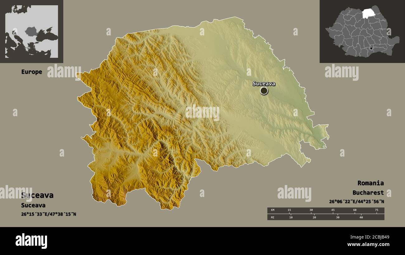 Shape of Suceava, county of Romania, and its capital. Distance scale ...
