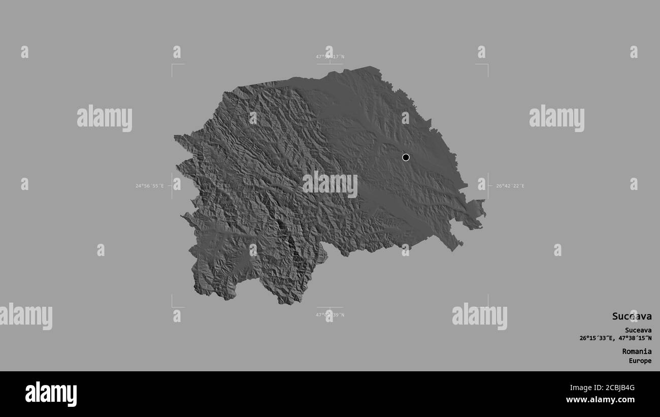 Area of Suceava, county of Romania, isolated on a solid background in a ...