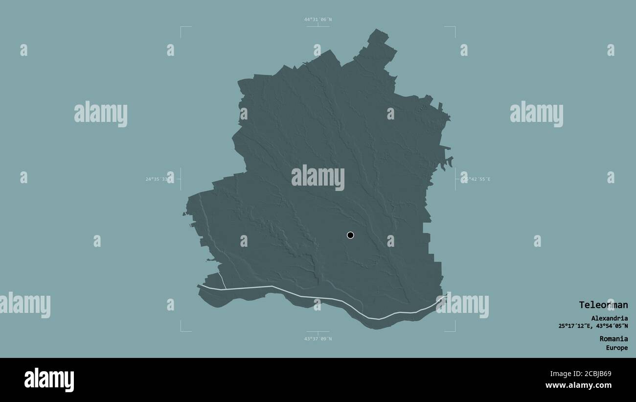 Area of Teleorman, county of Romania, isolated on a solid background in ...