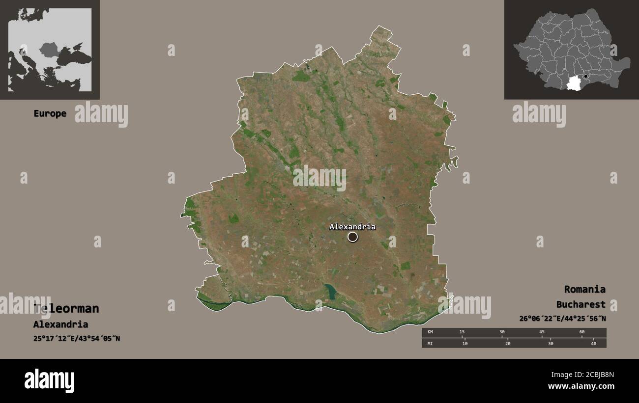 Shape of Teleorman, county of Romania, and its capital. Distance scale ...