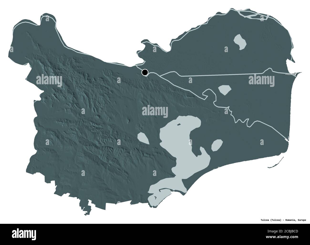 Shape of Tulcea, county of Romania, with its capital isolated on white ...