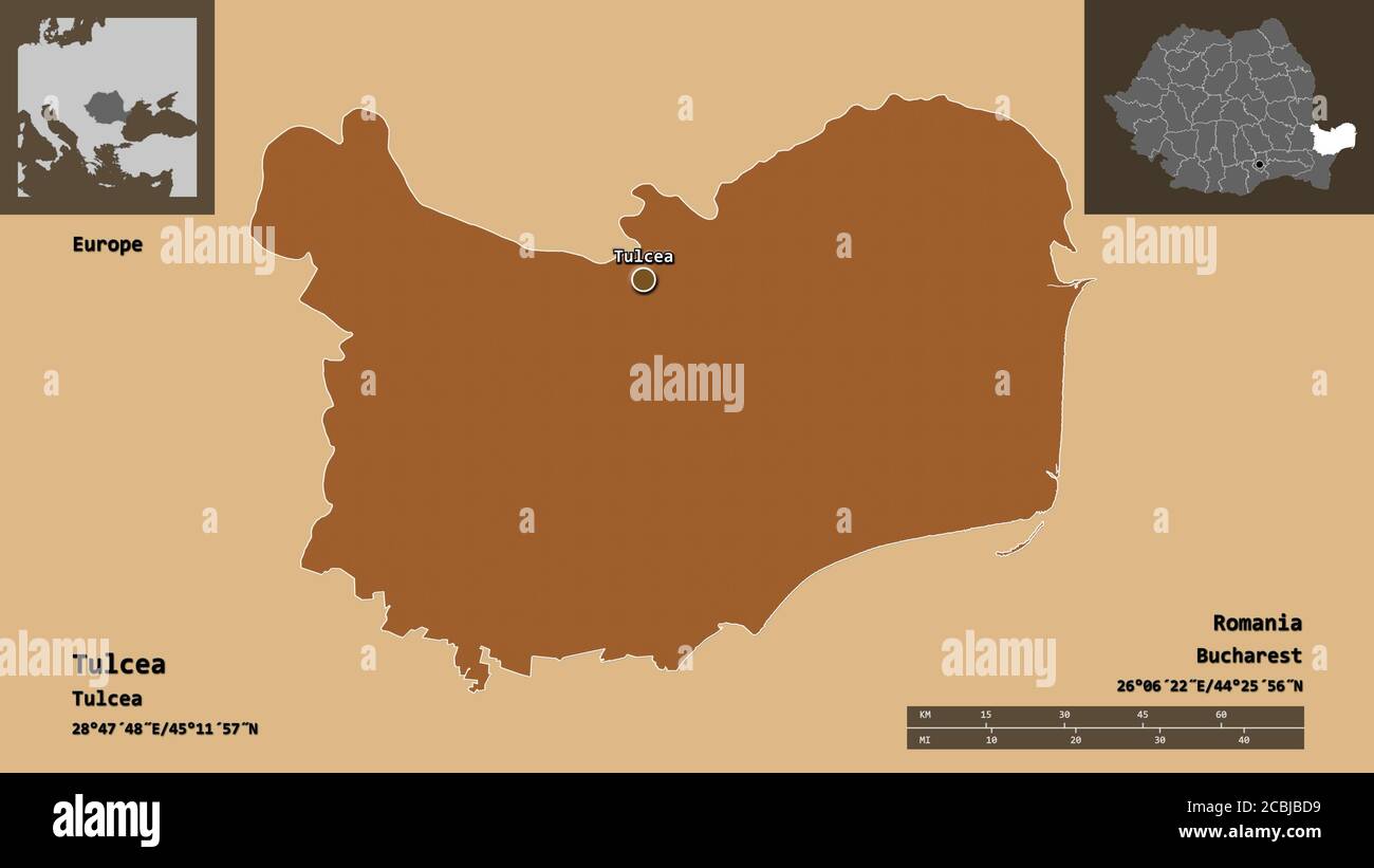 Shape of Tulcea, county of Romania, and its capital. Distance scale ...