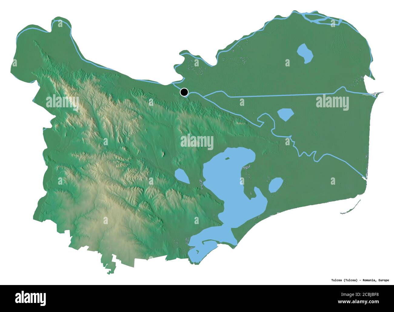 Shape of Tulcea, county of Romania, with its capital isolated on white ...