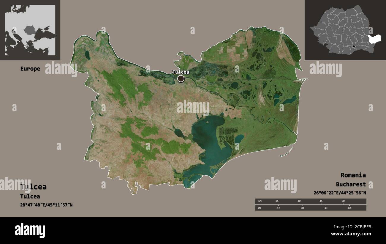Shape of Tulcea, county of Romania, and its capital. Distance scale ...