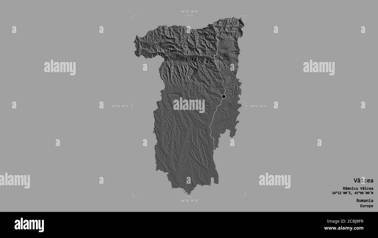 Area of Vâlcea, county of Romania, isolated on a solid background in a ...