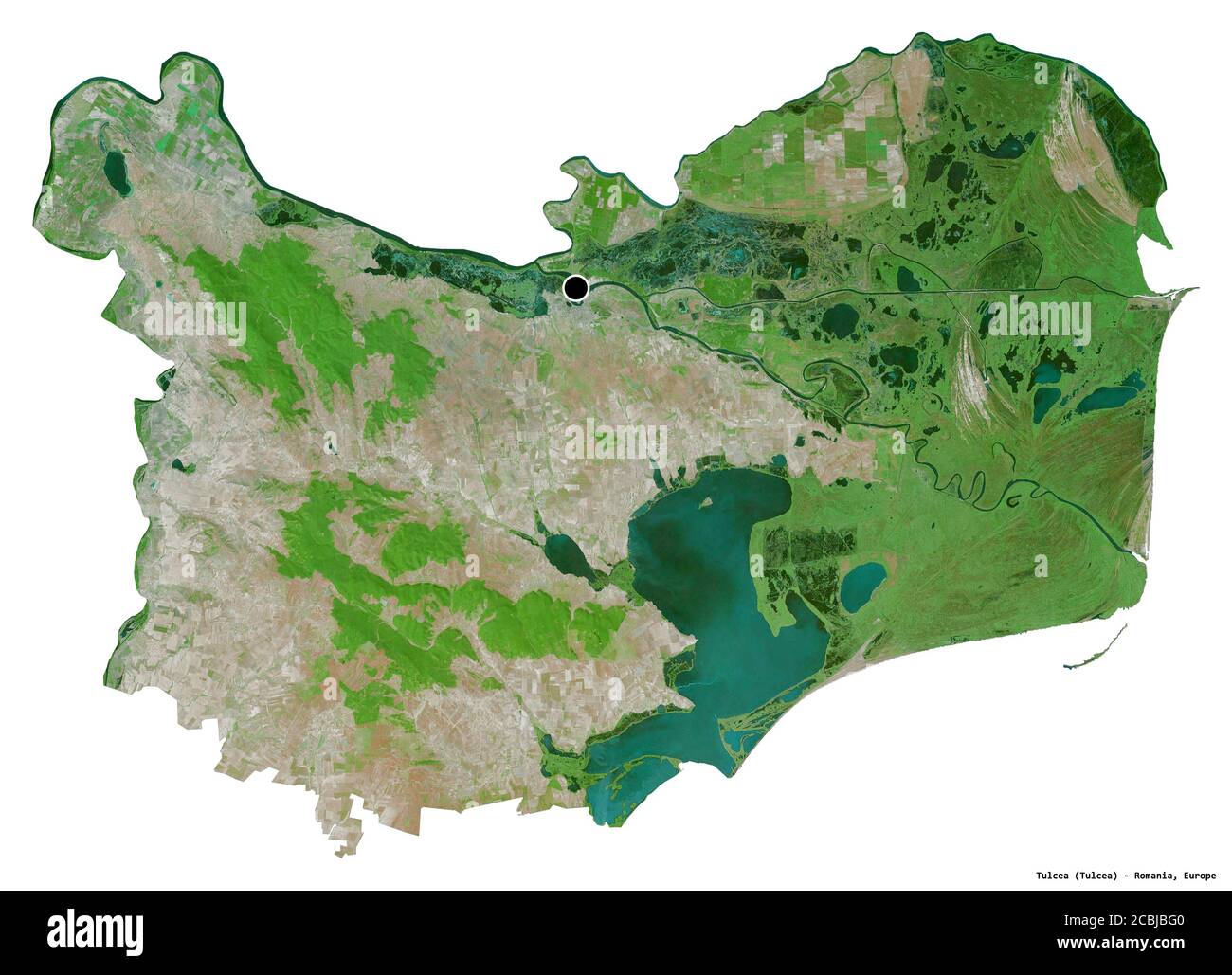 Shape of Tulcea, county of Romania, with its capital isolated on white ...