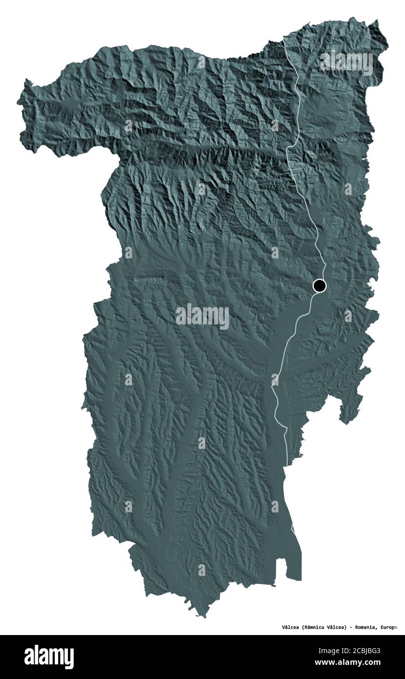 Shape of Vâlcea, county of Romania, with its capital isolated on white ...