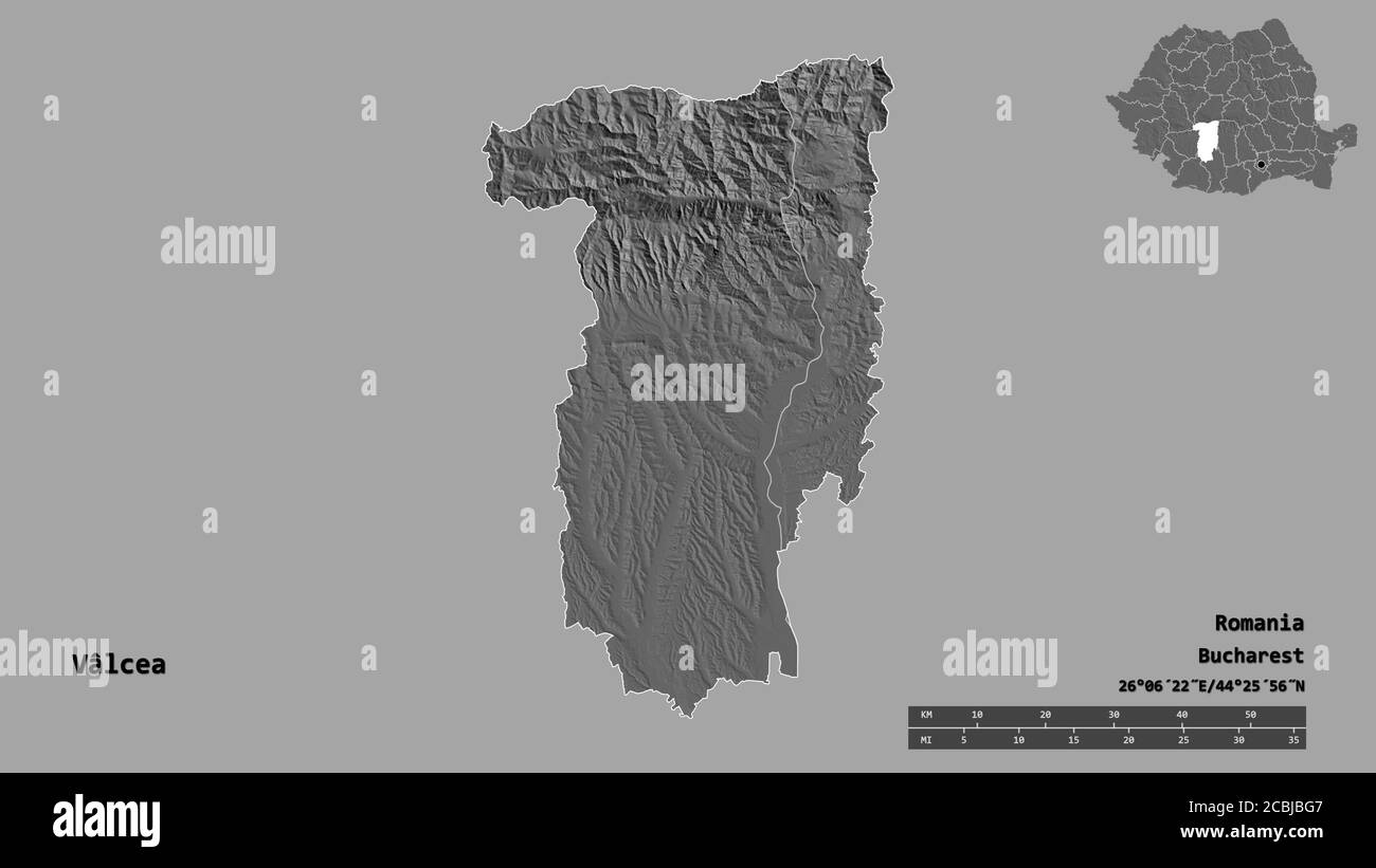Shape of Vâlcea, county of Romania, with its capital isolated on solid ...