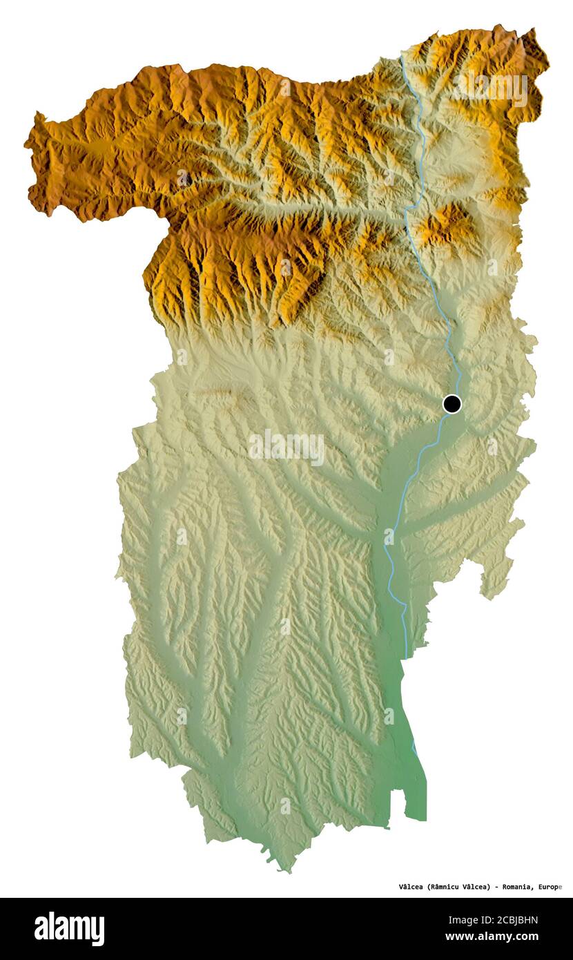 Shape of Vâlcea, county of Romania, with its capital isolated on white ...