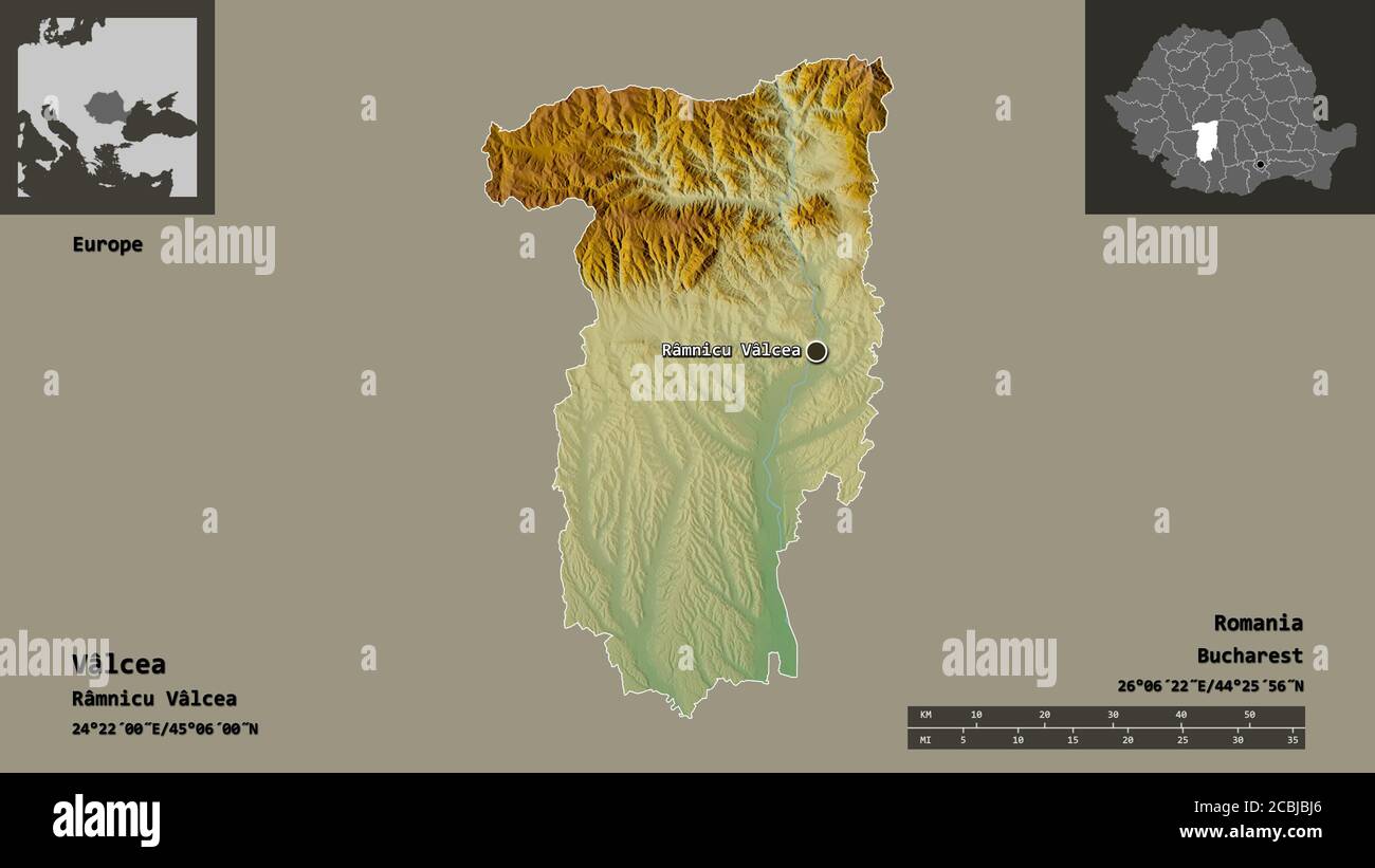 Shape of Vâlcea, county of Romania, and its capital. Distance scale ...