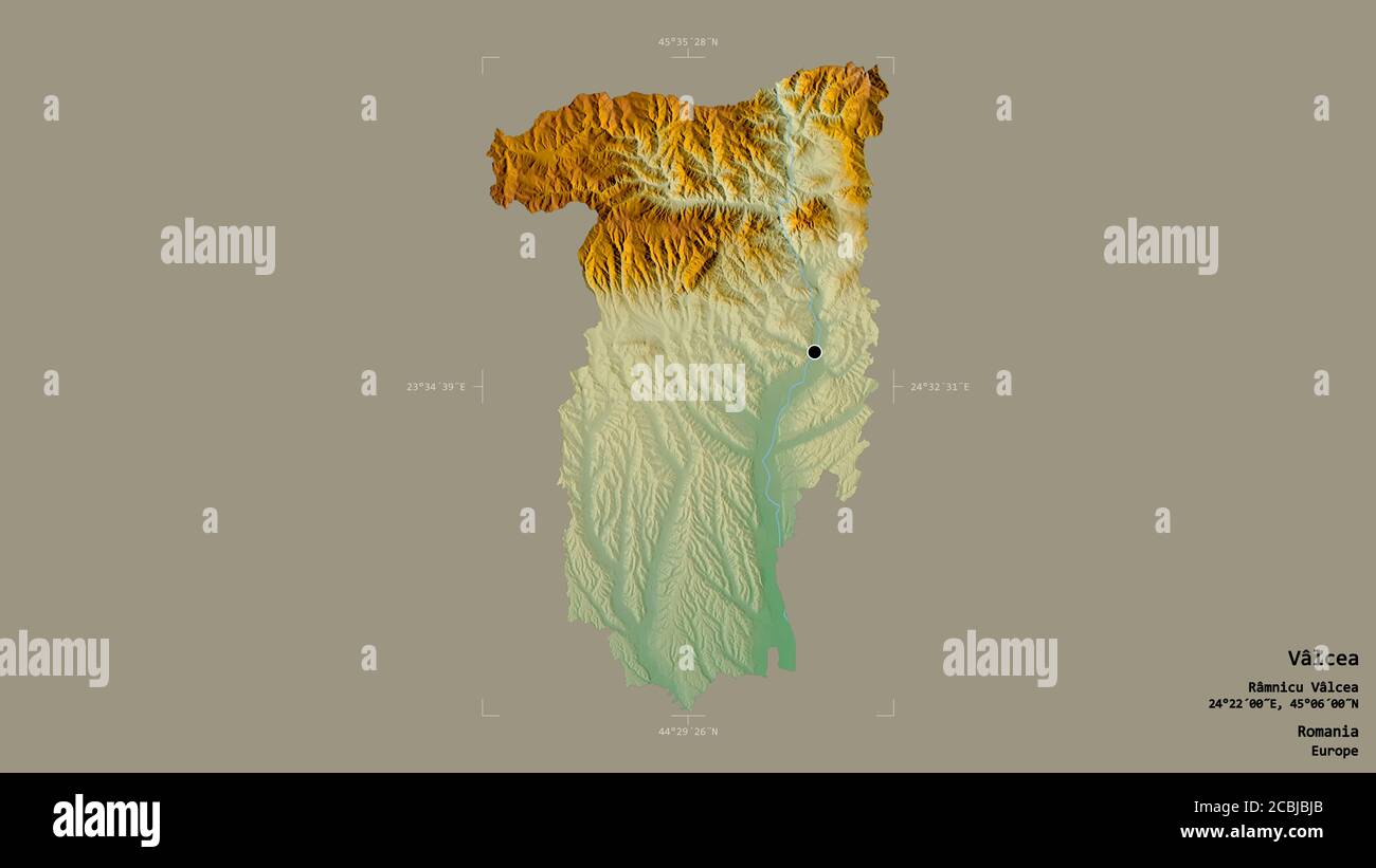 Area of Vâlcea, county of Romania, isolated on a solid background in a ...