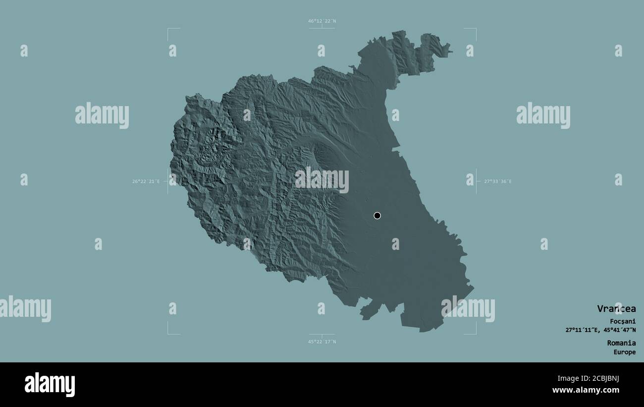 Area of Vrancea, county of Romania, isolated on a solid background in a ...