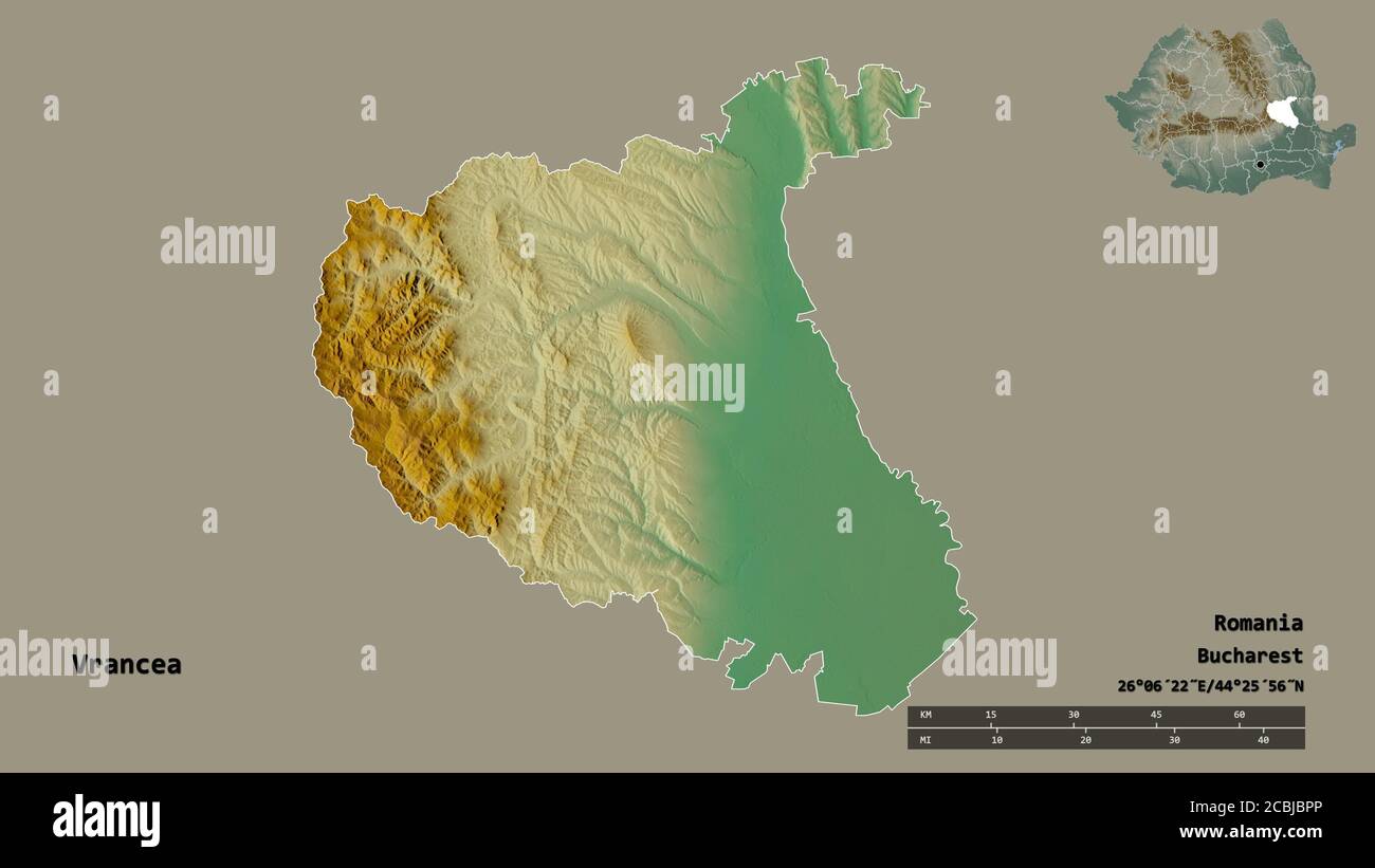 Shape of Vrancea, county of Romania, with its capital isolated on solid ...