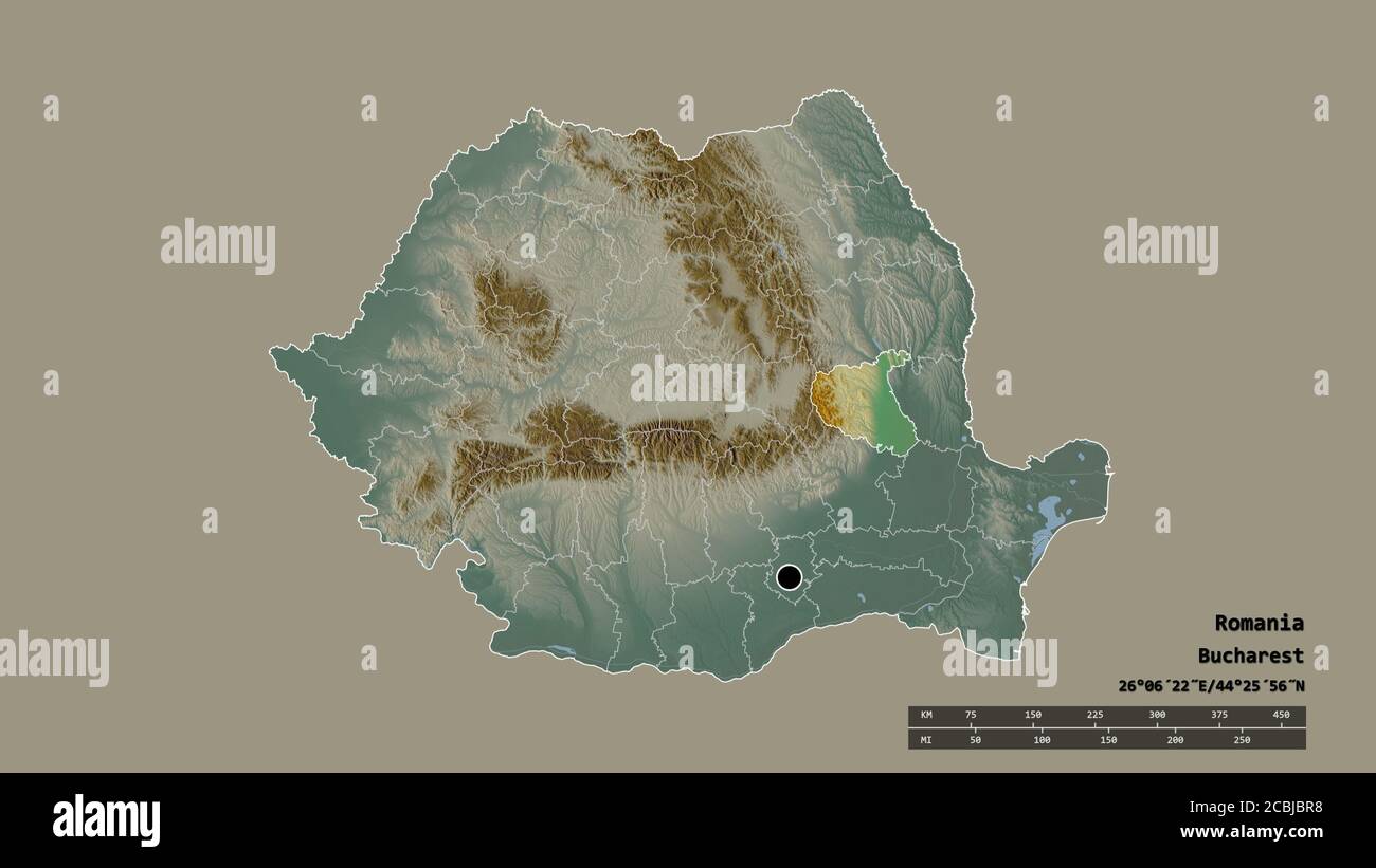 Desaturated shape of Romania with its capital, main regional division ...