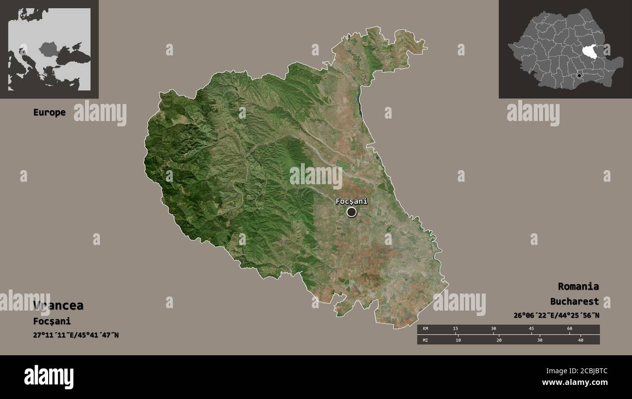 Shape of Vrancea, county of Romania, and its capital. Distance scale ...