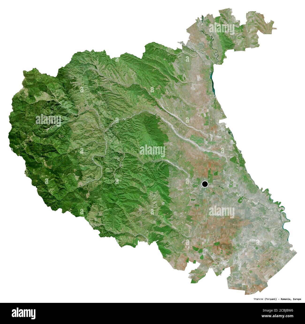 Shape of Vrancea, county of Romania, with its capital isolated on white ...