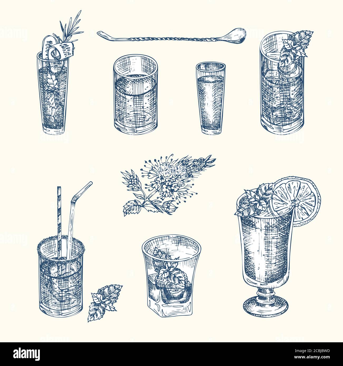 Set hand drawn sketch glasses for alcoholic drink Vodka, whiskey, wine ...