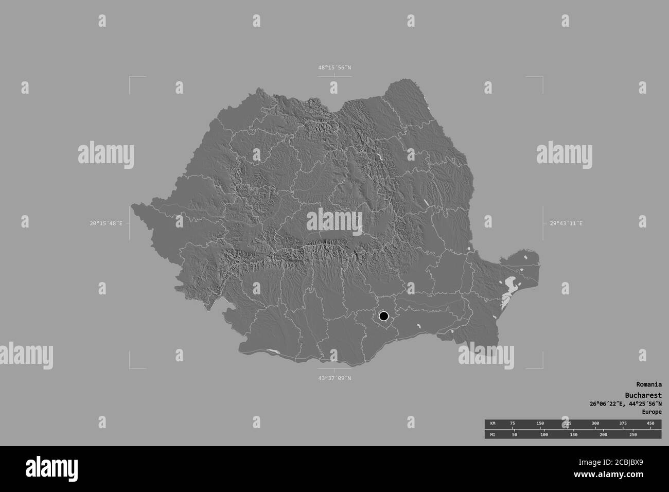 Area of Romania isolated on a solid background in a georeferenced ...