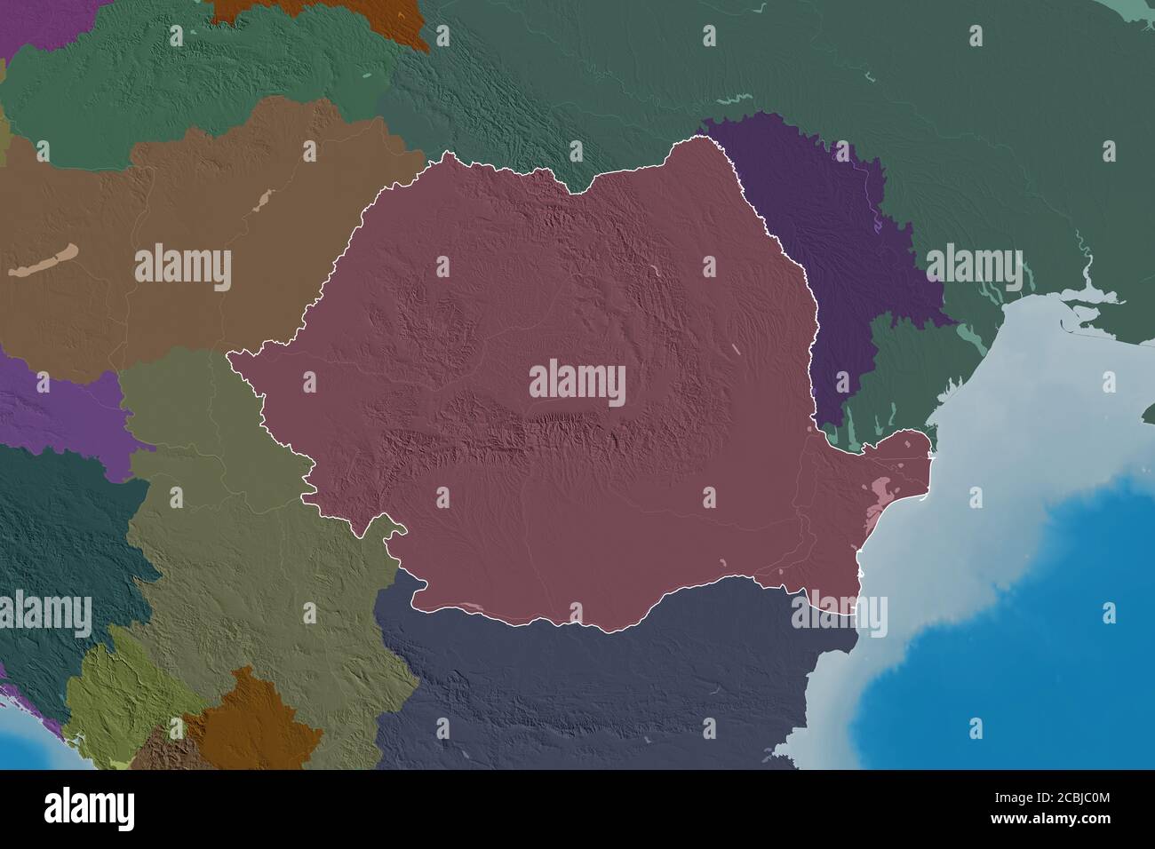 Extended area of outlined Romania. Colored elevation map. 3D rendering ...