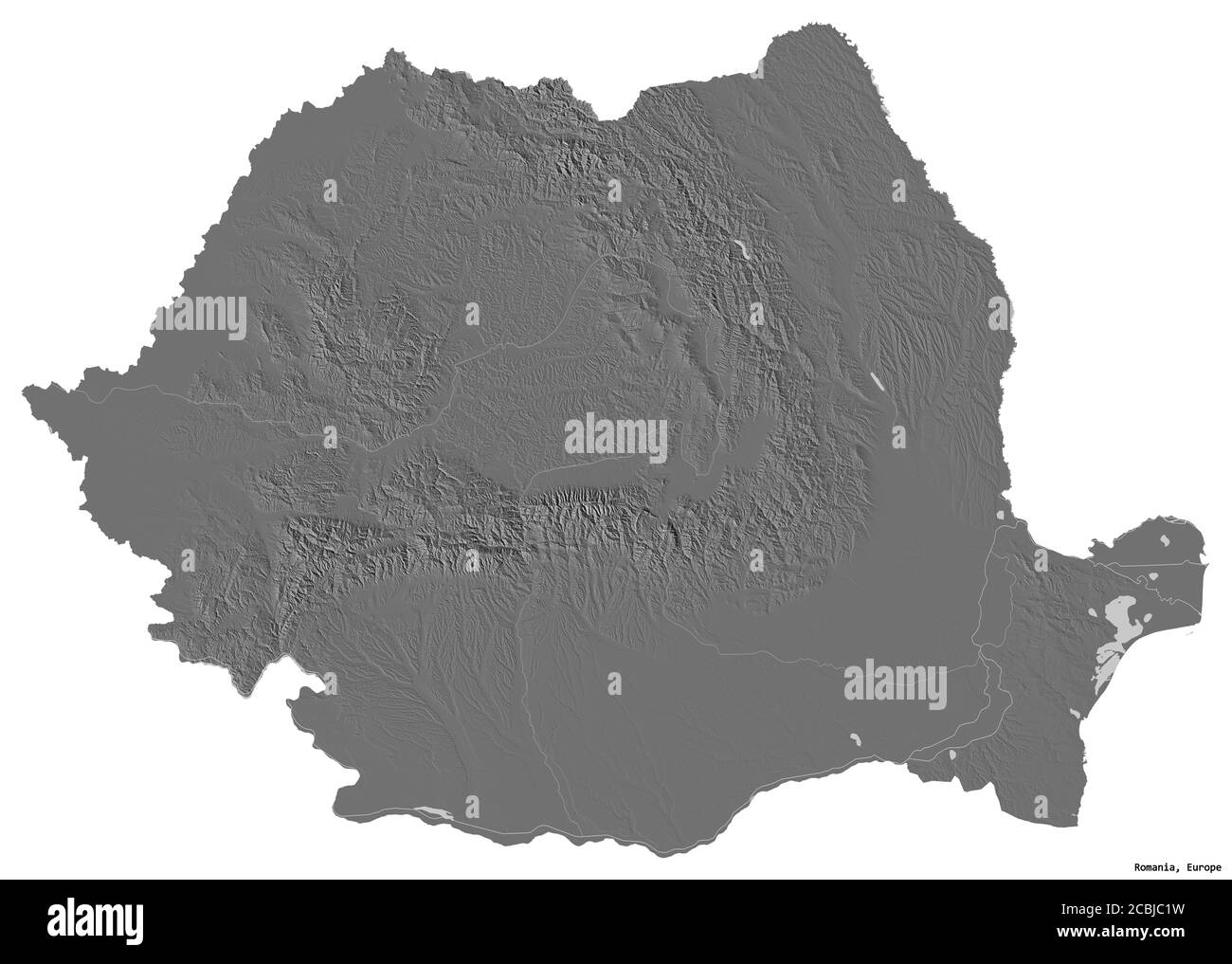 Shape of Romania with its capital isolated on white background. Bilevel ...