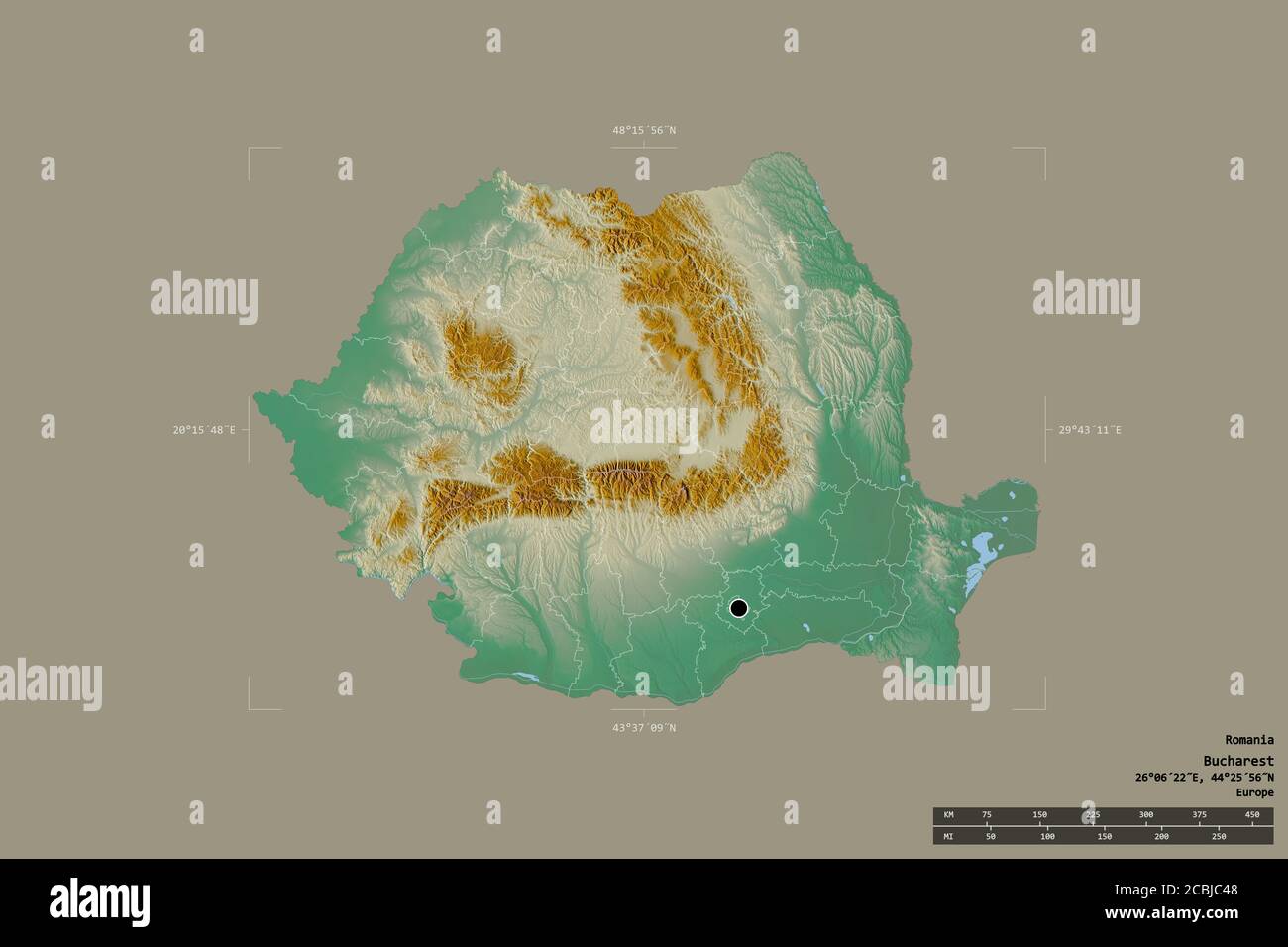 Area of Romania isolated on a solid background in a georeferenced ...