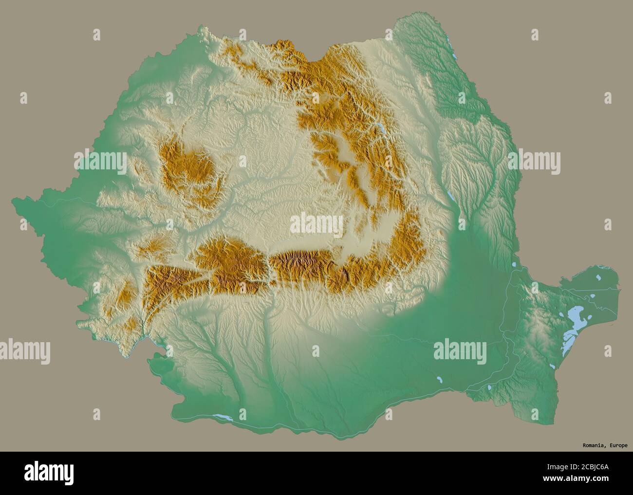 Shape of Romania with its capital isolated on a solid color background ...