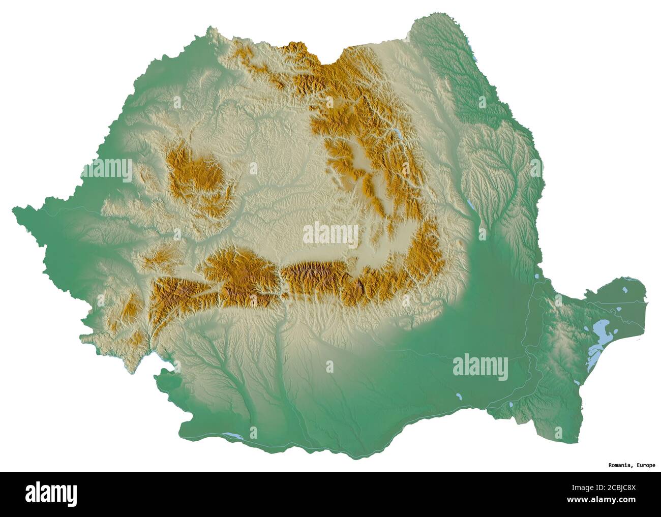 Shape of Romania with its capital isolated on white background ...