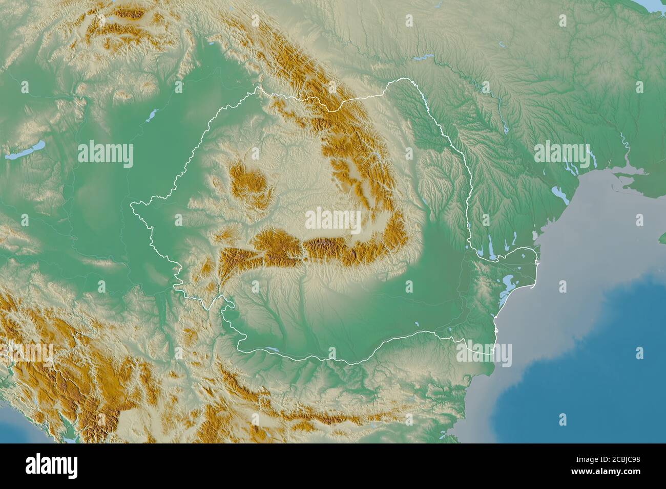 Extended area of outlined Romania. Topographic relief map. 3D rendering ...