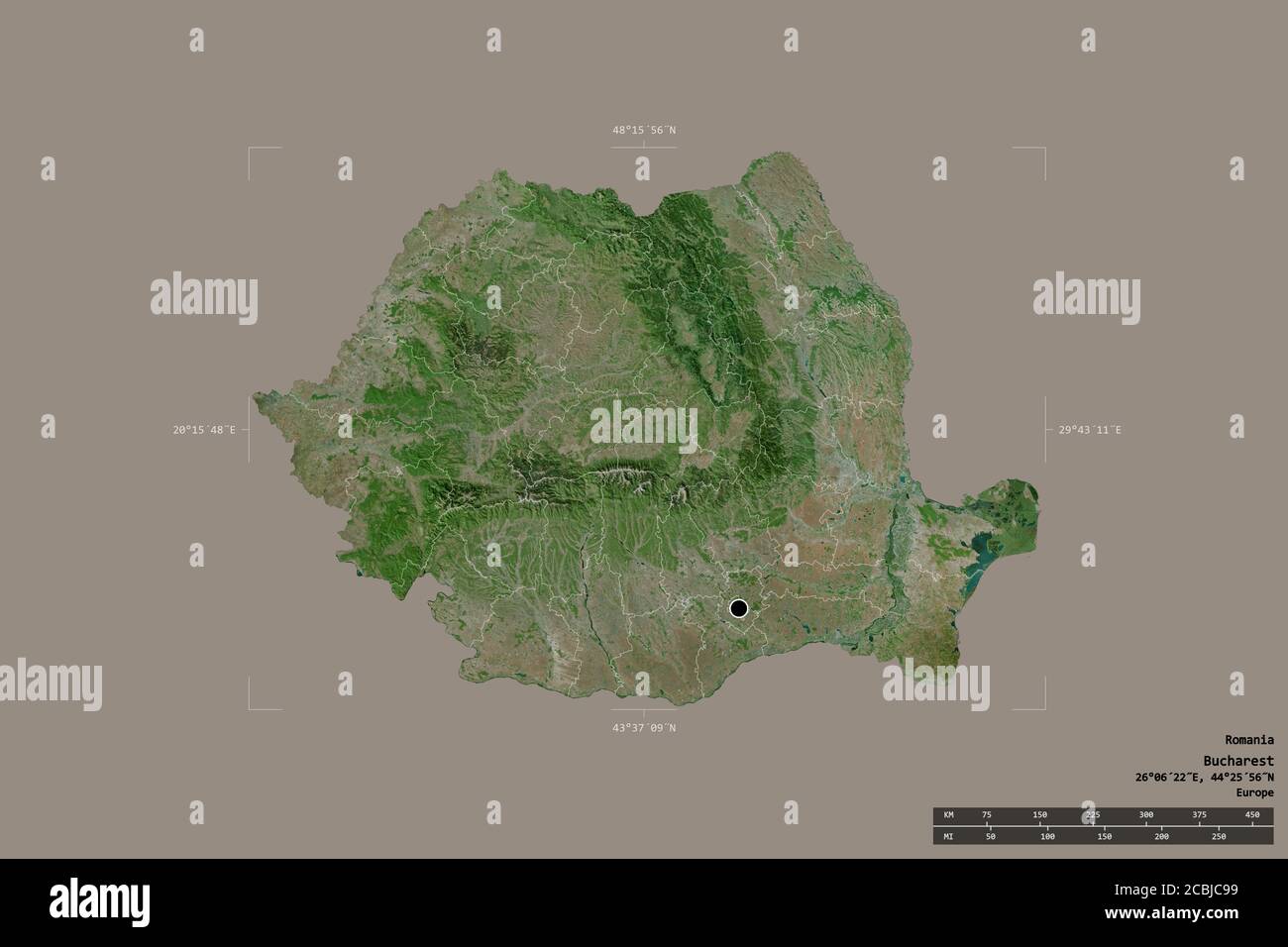 Area of Romania isolated on a solid background in a georeferenced ...
