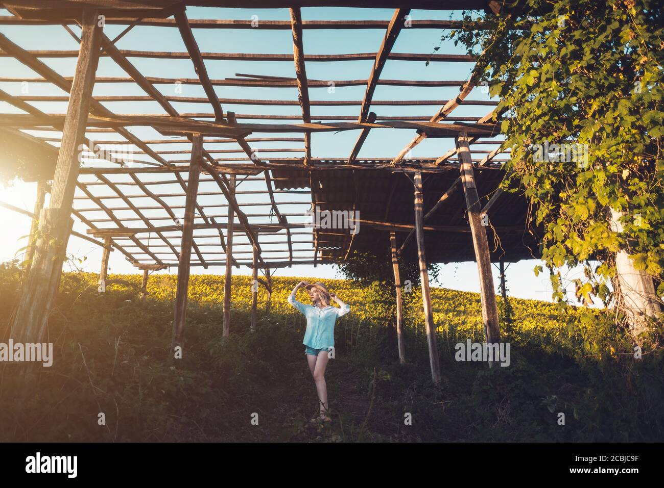 Young woman in old rustic barn Stock Photo - Alamy