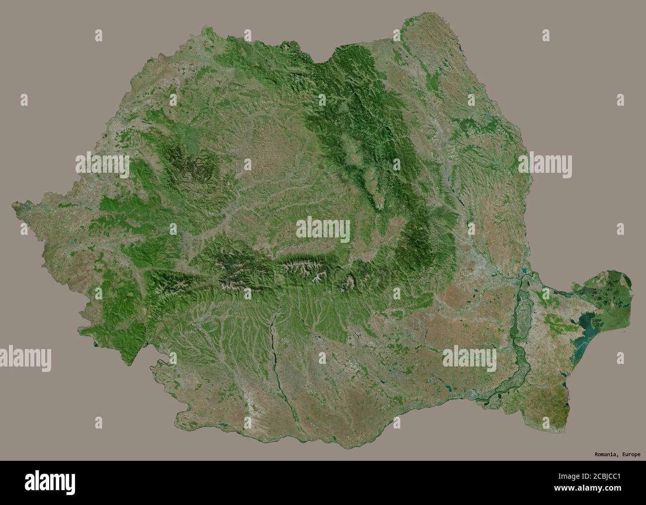 Shape of Romania with its capital isolated on a solid color background ...
