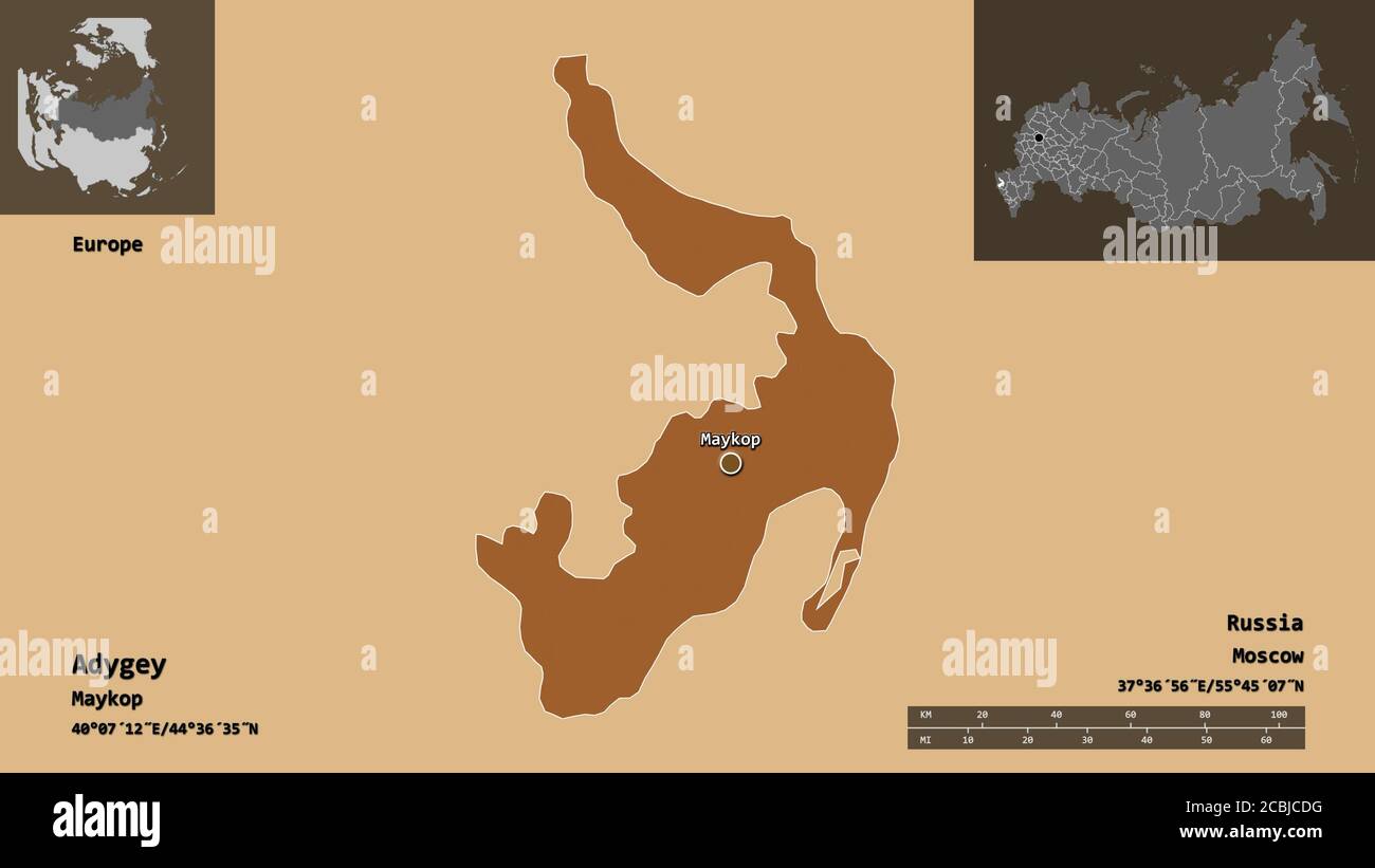 Shape of Adygey, republic of Russia, and its capital. Distance scale ...