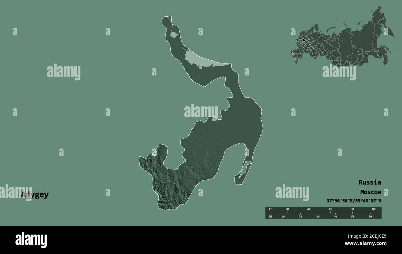 Shape of Adygey, republic of Russia, with its capital isolated on solid ...