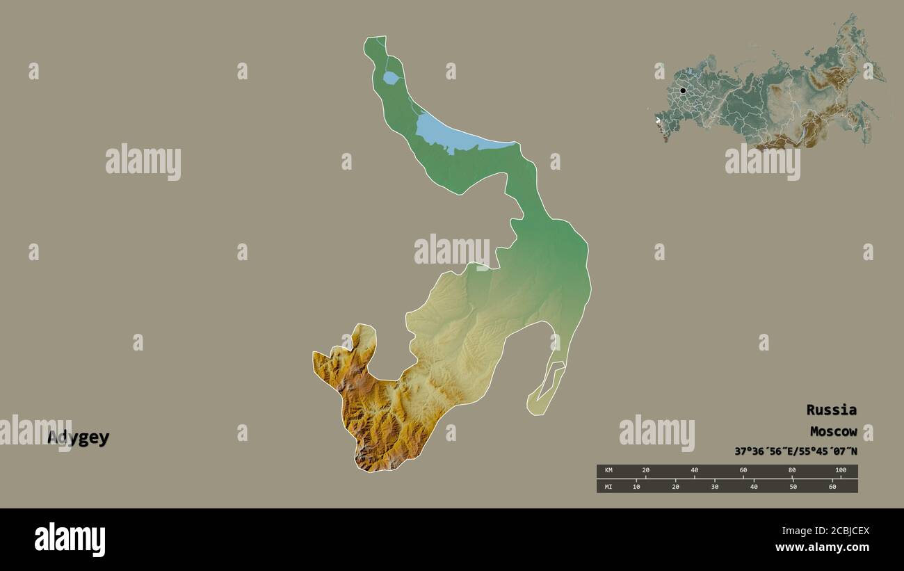 Shape of Adygey, republic of Russia, with its capital isolated on solid ...