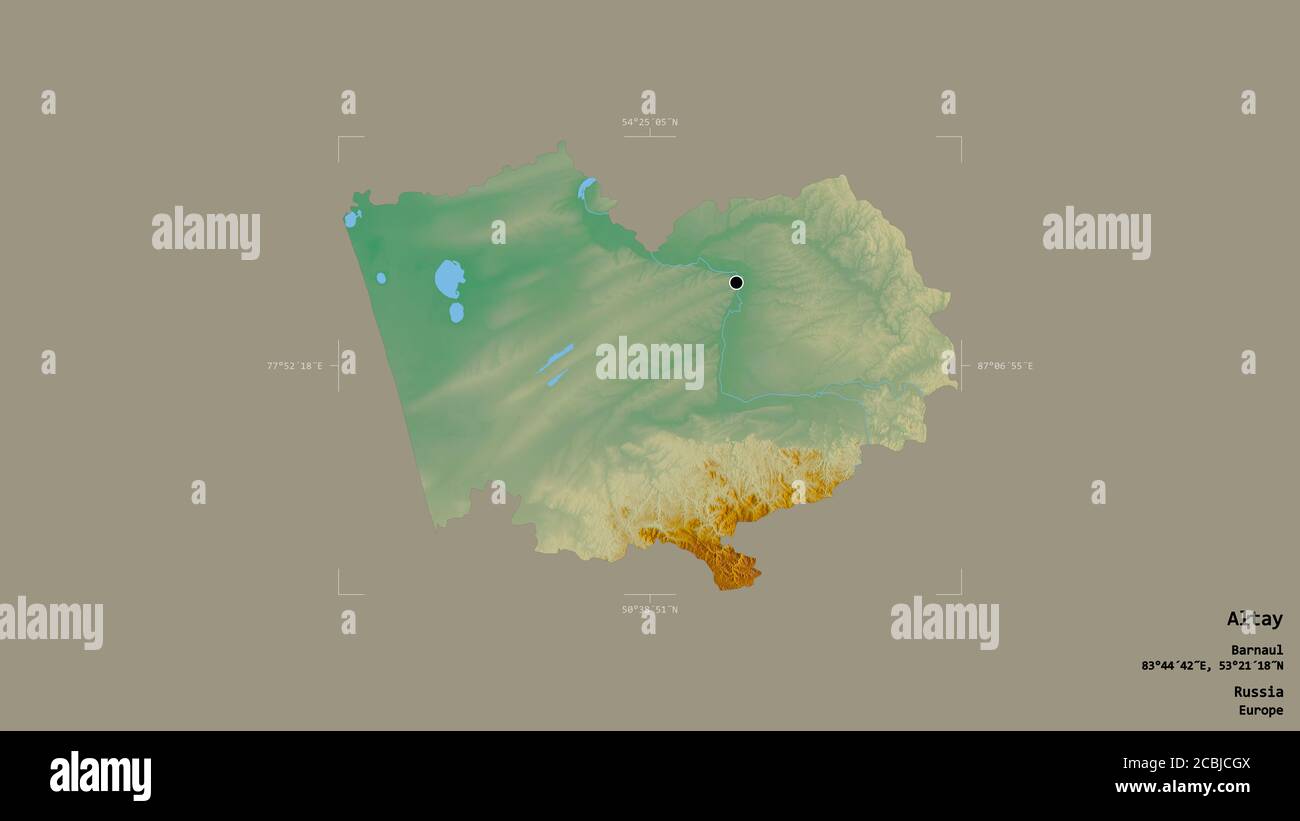 Area of Altay, territory of Russia, isolated on a solid background in a ...