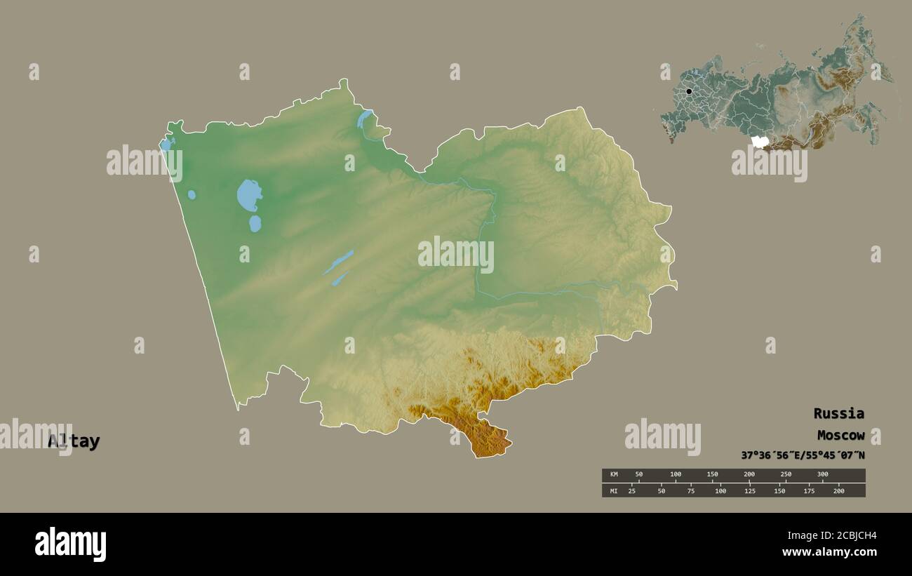 Shape of Altay, territory of Russia, with its capital isolated on solid ...