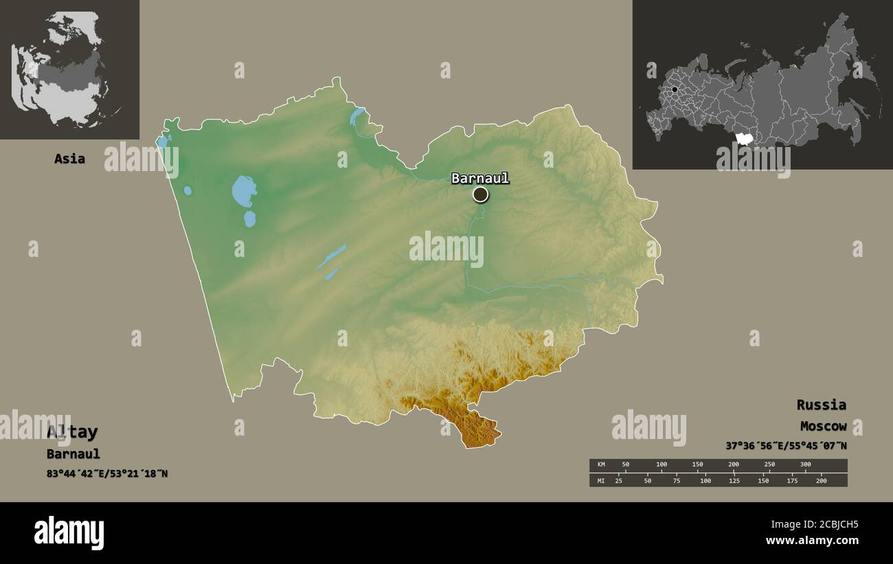 Shape of Altay, territory of Russia, and its capital. Distance scale ...