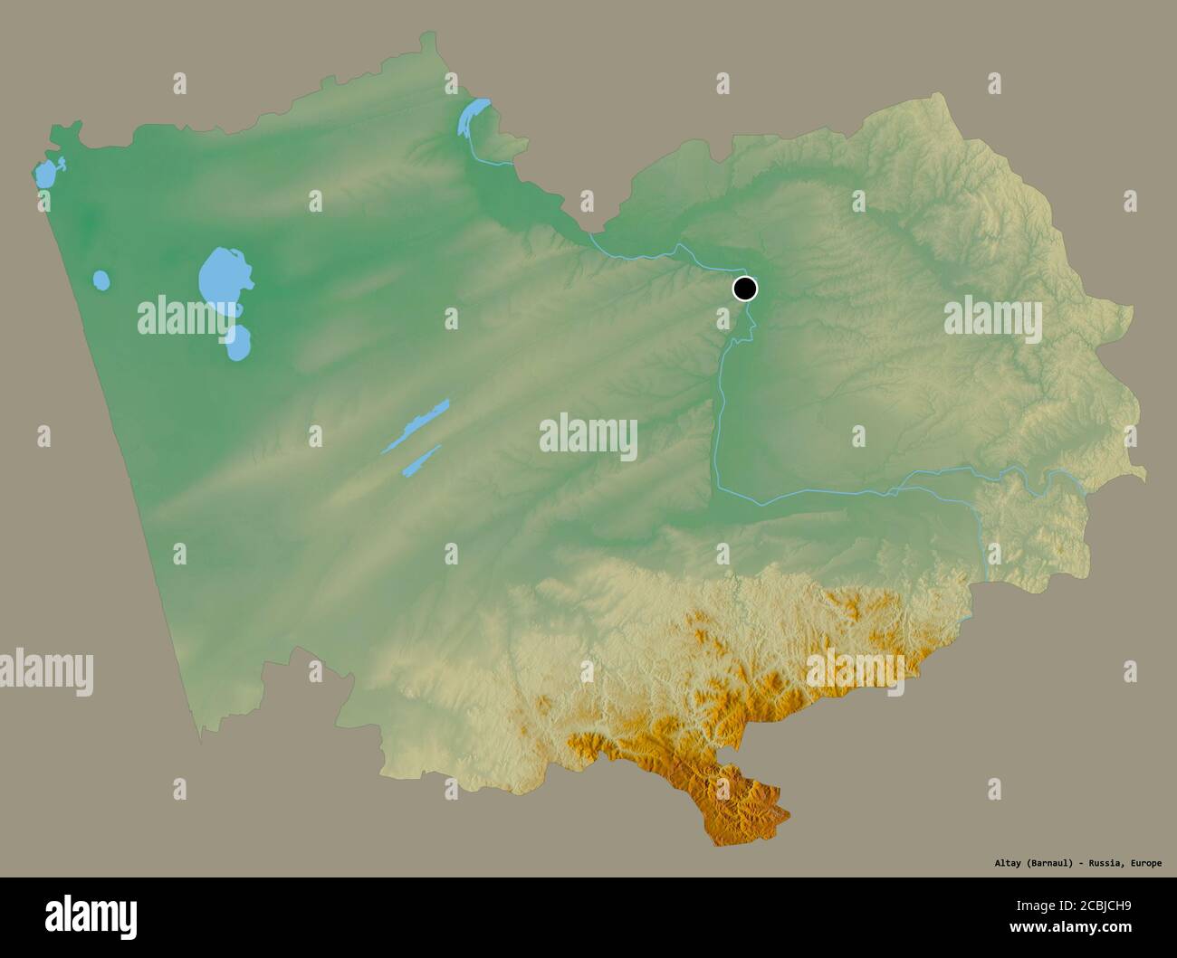 Shape of Altay, territory of Russia, with its capital isolated on a ...