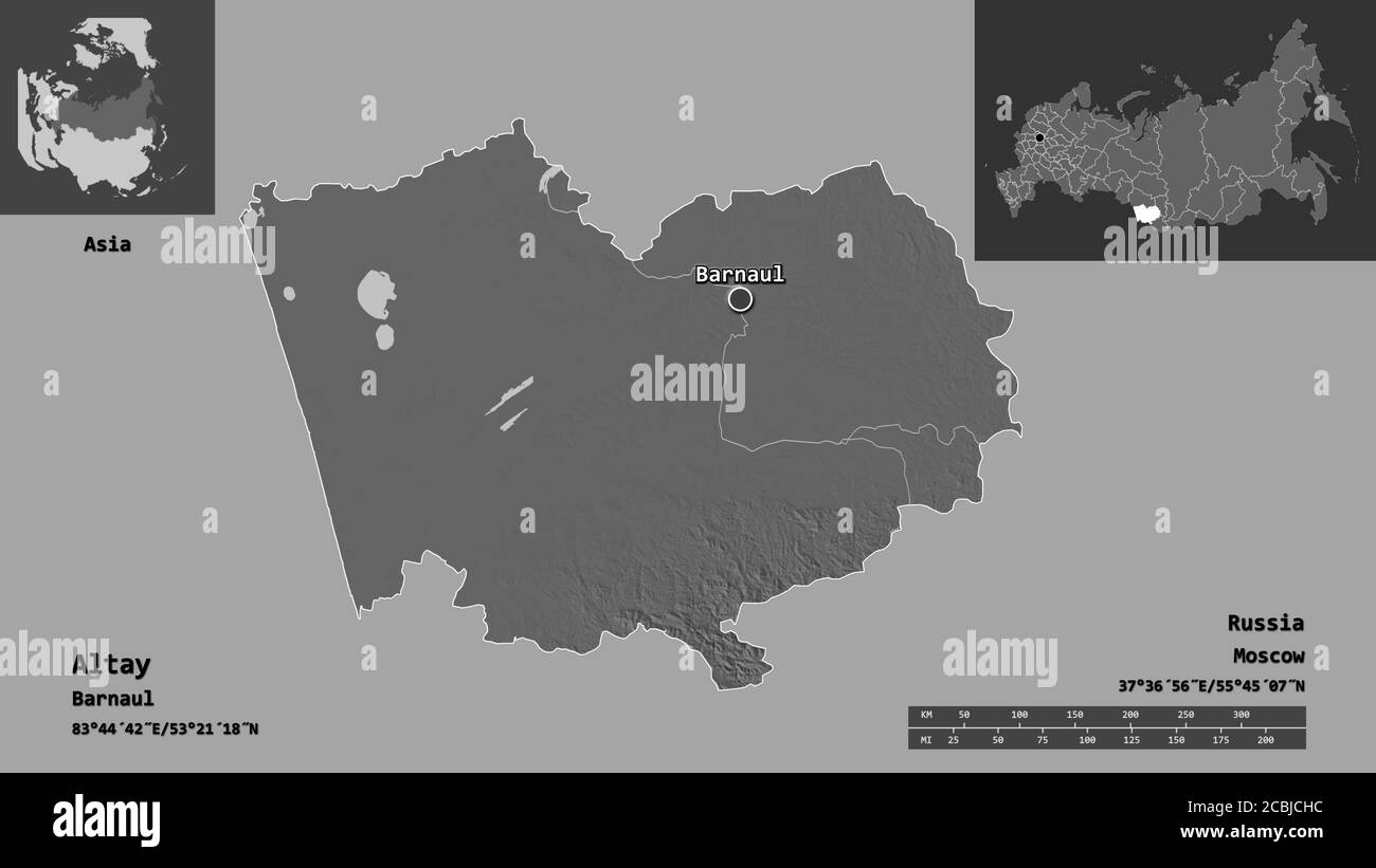 Shape of Altay, territory of Russia, and its capital. Distance scale ...