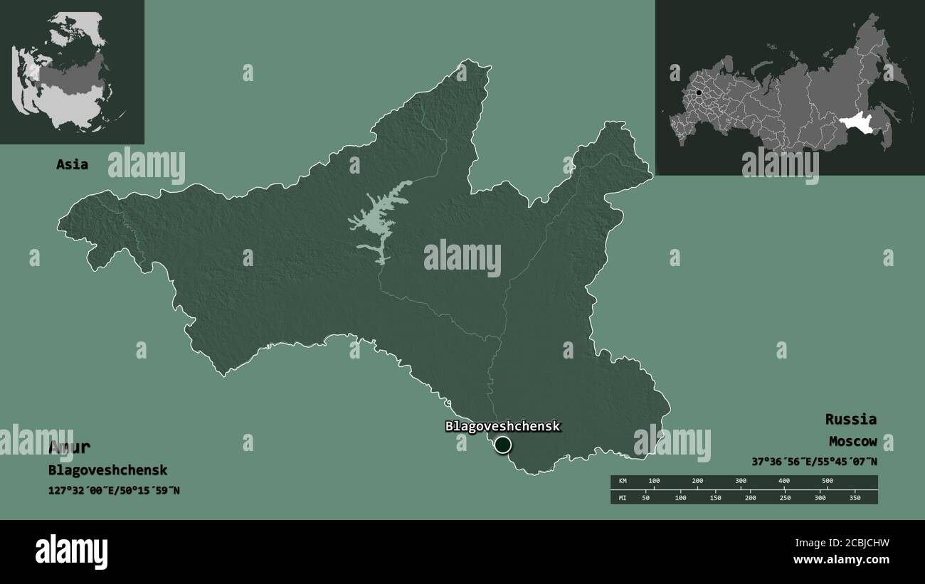 Shape of Amur, region of Russia, and its capital. Distance scale ...