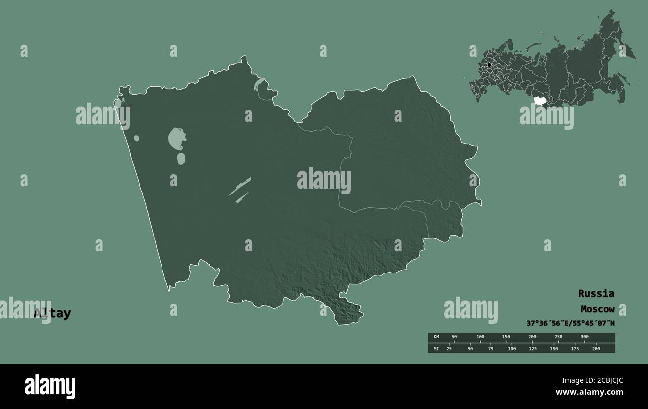 Shape of Altay, territory of Russia, with its capital isolated on solid ...