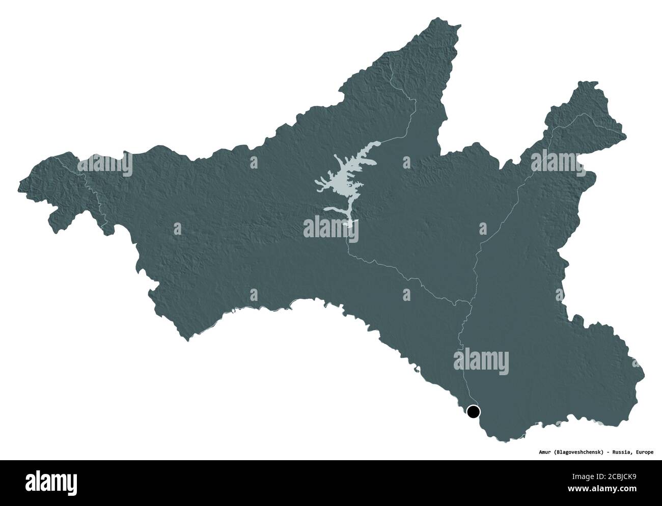 Shape of Amur, region of Russia, with its capital isolated on white ...