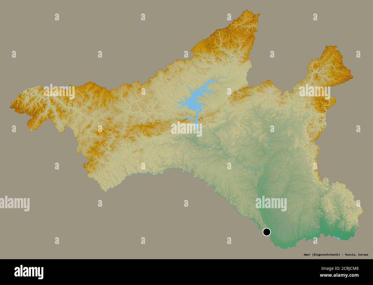 Shape of Amur, region of Russia, with its capital isolated on a solid ...